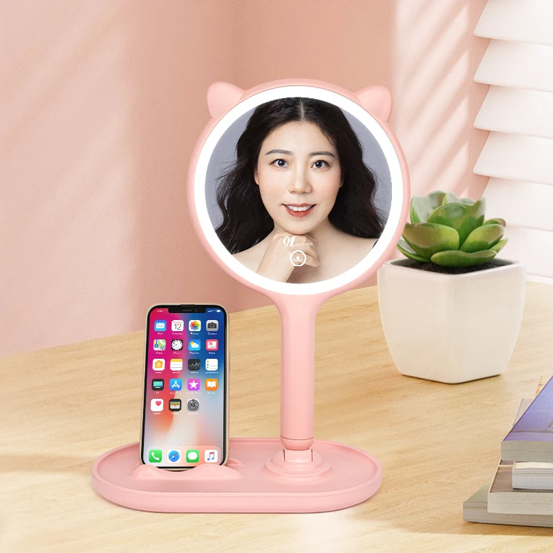 360-Makeup-Mirror-LED-Light-3-Color-Adjustment-Chargeable-Cute-Cat ...