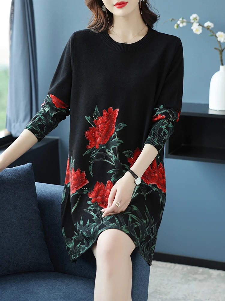 Floral-Print-Long-Sweaters-Dress-2022-Spring-Women-Clothing-Long-Sleeve ...