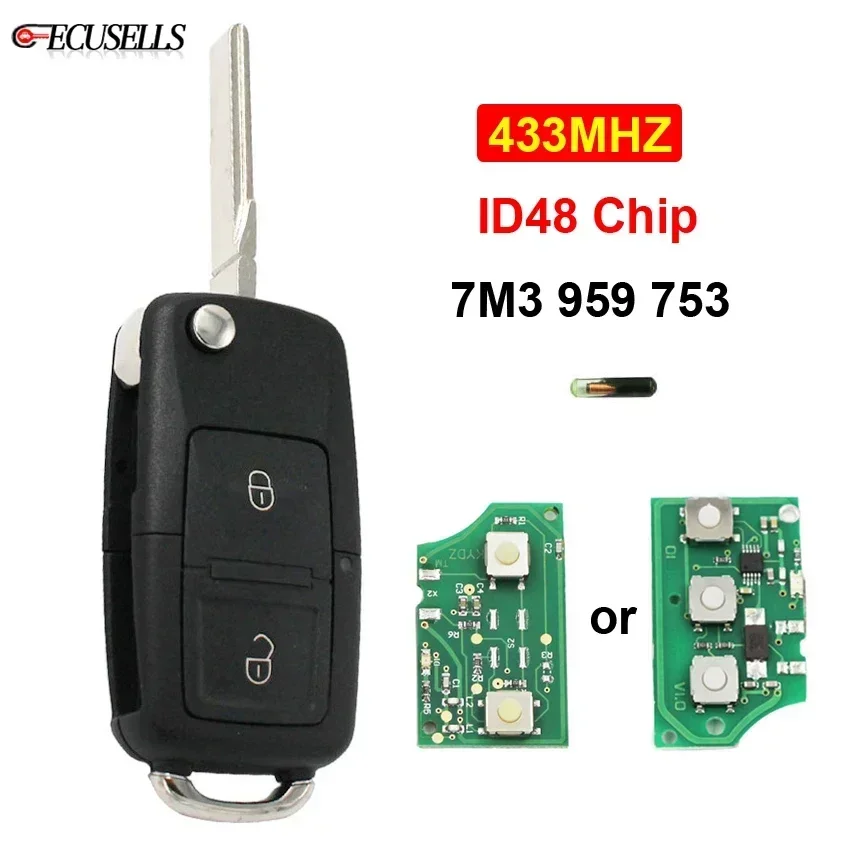 Ecusells 2B Flip Remote Car Key 7M3 959 753 433MHZ 7M3959753 ID48 Chip ...