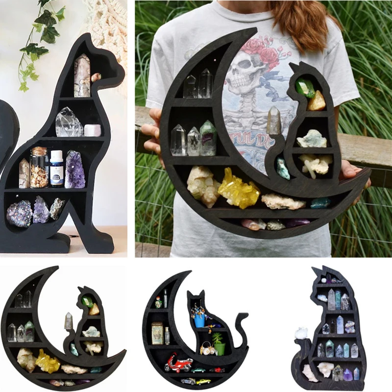 Cat Moon Crystal Wooden Shelf | Display Shelves Crystals | Wall Shelves ...