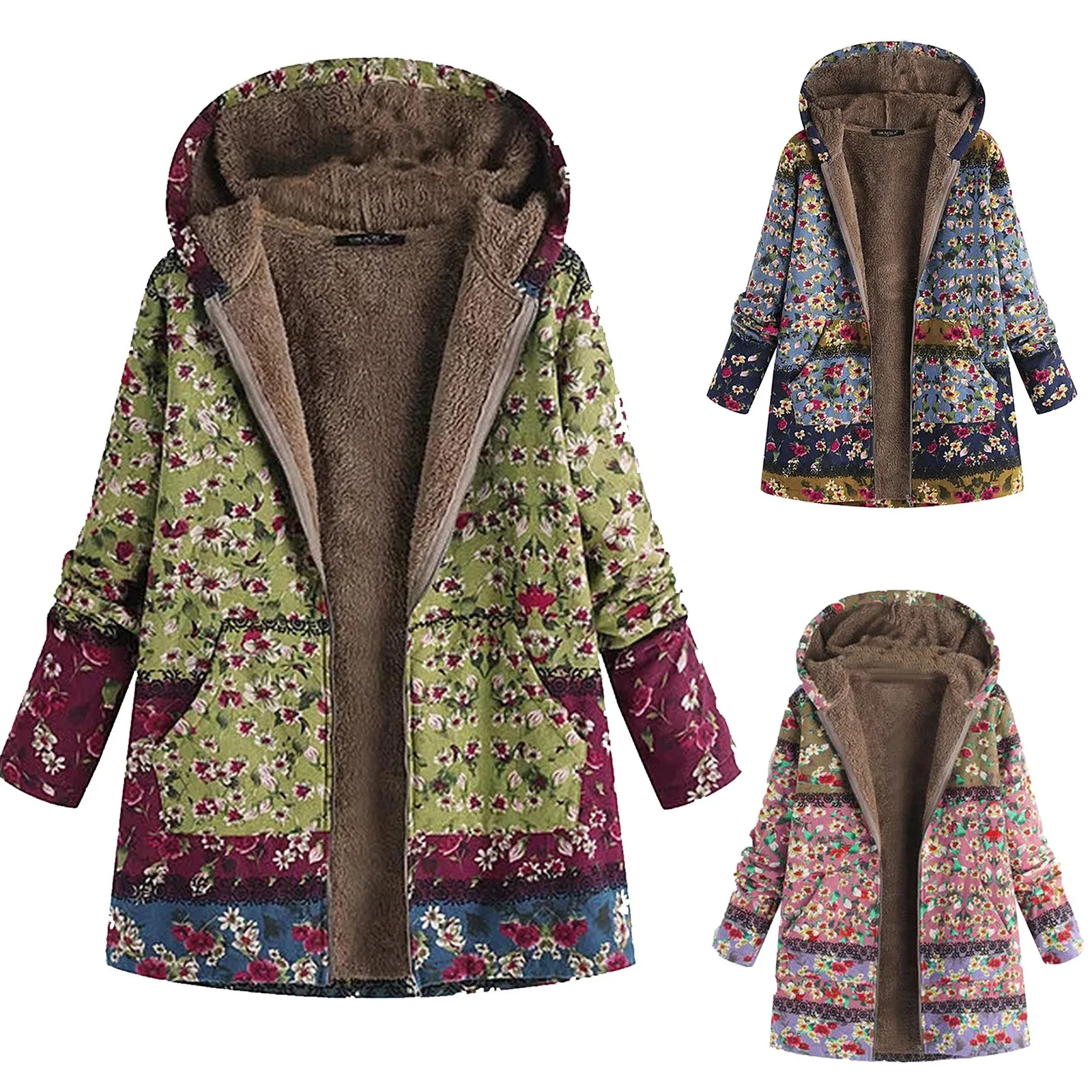 Ladies-Long-Sleeve-Hooded-Thick-Composite-Plush-Vintage-Flower-Print ...