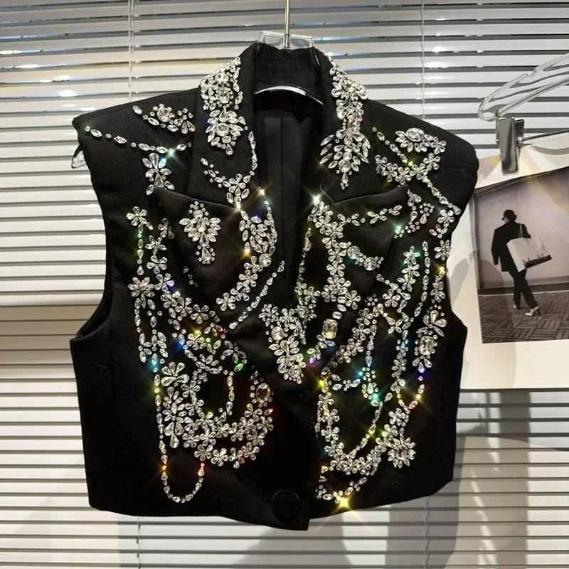 Fashion Diamond Pattern Design Vest Women's Notched High Street Outwear ...