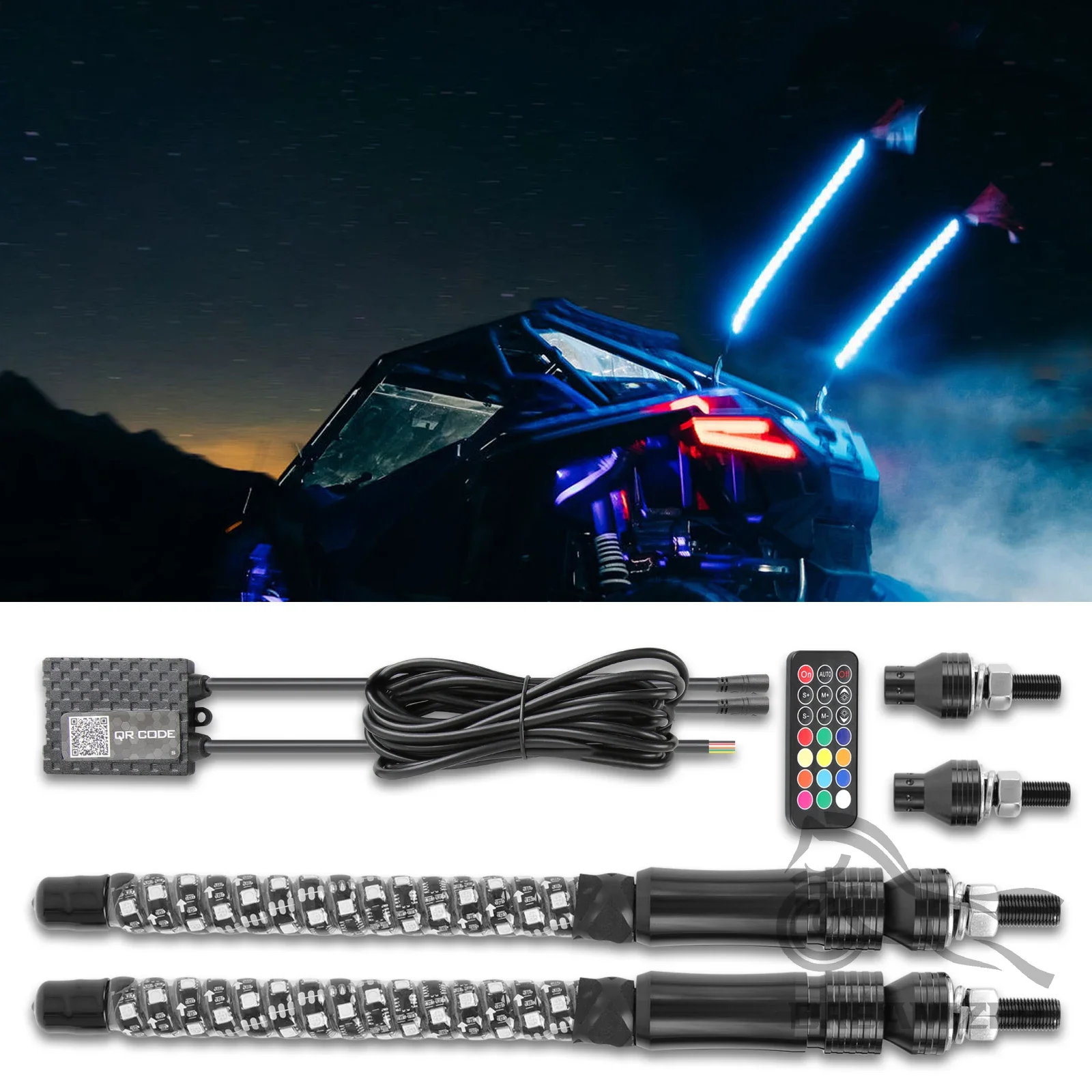 2PCS-1FT-Bluetooth-And-Remote-Control-Colorful-Spiral-LED-Whip-Lights ...