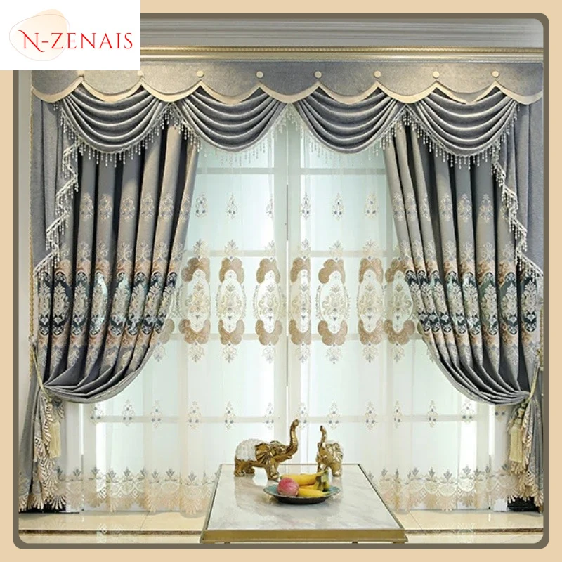 European Embroidered Grey Hollow Luxury Curtains for Living Room ...