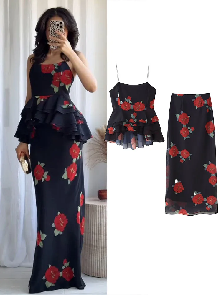 HH Women Summer Skirt Sexy 2-Piece Set Fashion Flower Printed Laminated ...