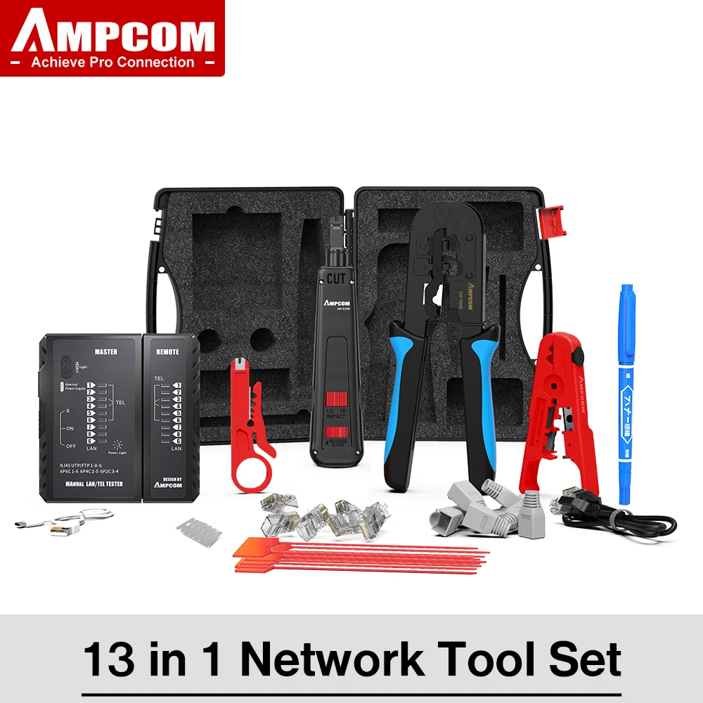 Ampcom Network Tool Kit, Lan Tester Rj45 Crimper Cat6 Cat5e Connectors ...