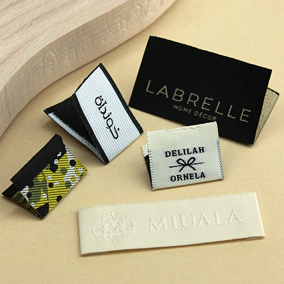 Custom Center Folded Woven Label LOGO Embossed Twill Grain Fabric Tags ...