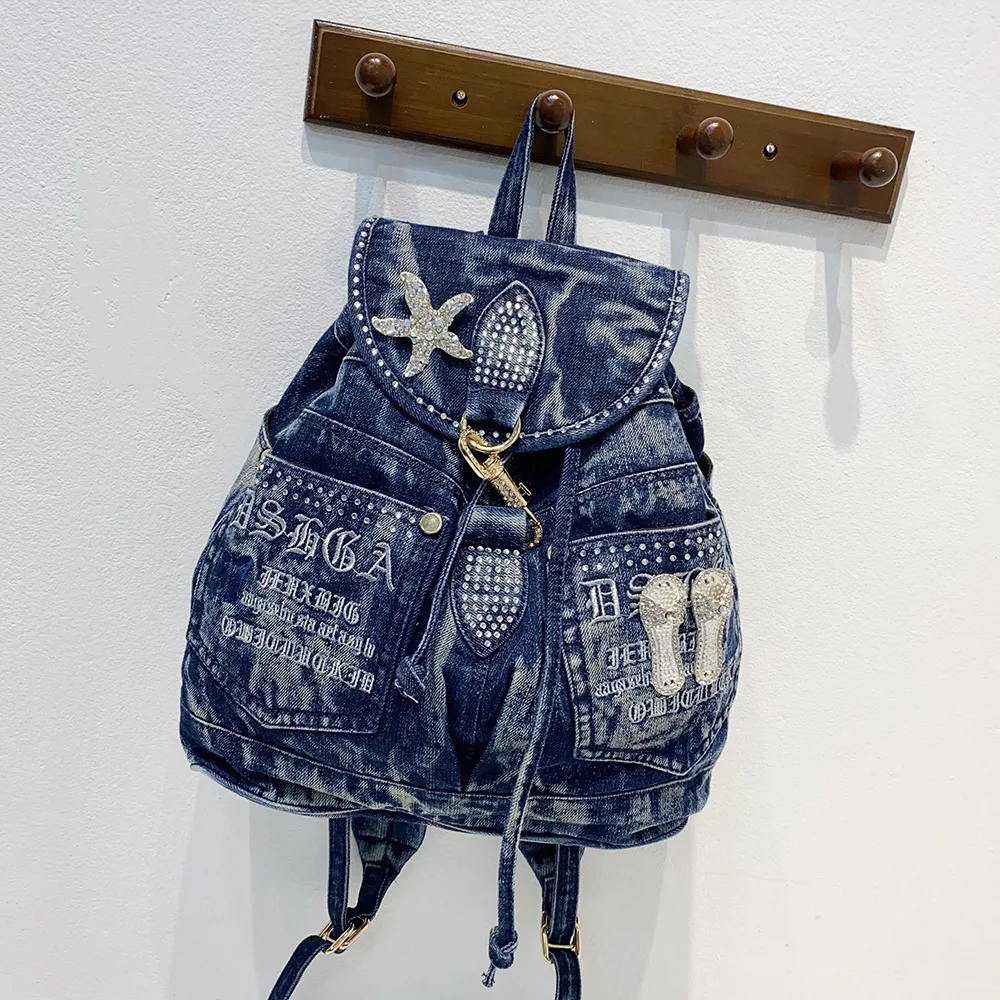 Brand Designer New Fashionable Water-washed Denim Backpack With Diamond ...