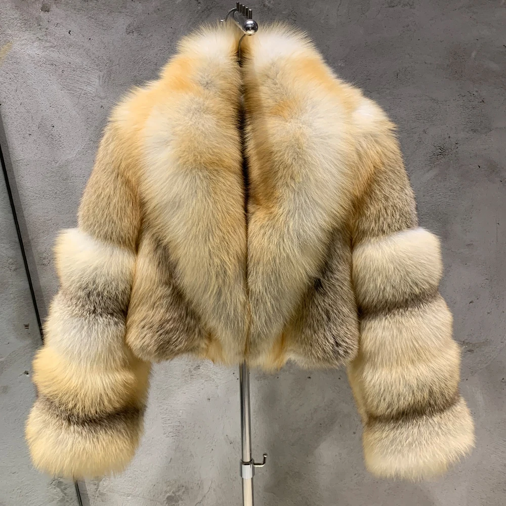 # Golden Fox Fur Jacket Lady Real Fox Fur Coat Short Female Long Sleeve ...