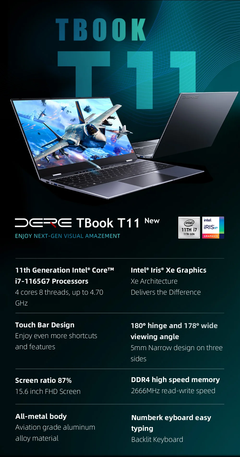 Dere Laptop T11 15.6" 16GB RAM 1T SSD 11th Gen Intel Core i7 2.5K IPS ...