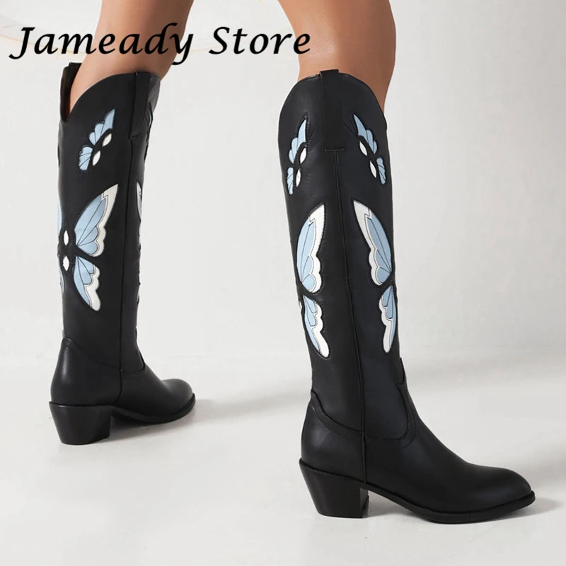 Women Butterfly Embroidery Long Boots Chunky Heel Slip On Knee High ...