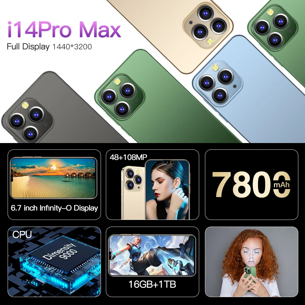 Original l14proMax 4G Smartphone 16GB 1TB 5G Telefone Móvel 6800mAh 6.7 ...