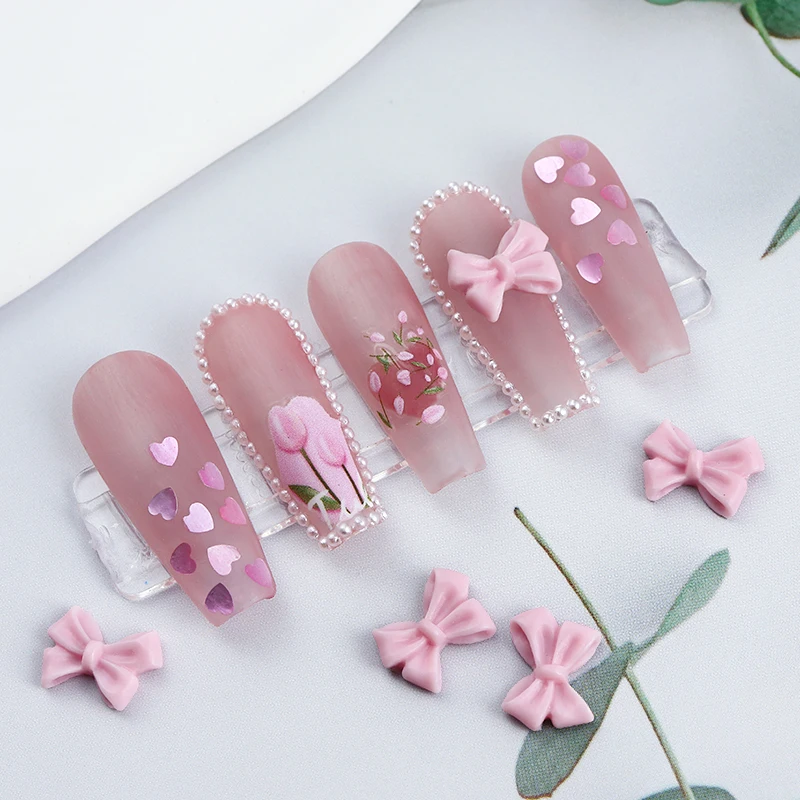 50Pcs Pink Bow Tie Nail Charms Parts Cute White Short Bow knot DIY ...
