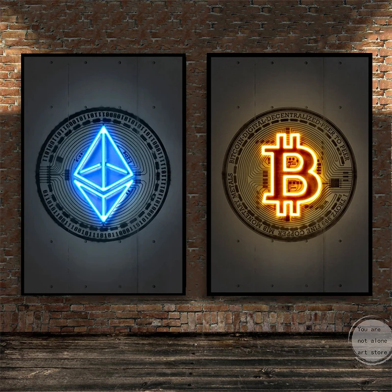 Modern Abstract Neon Style Bitcoin And Ethereum Art Poster Canvas ...