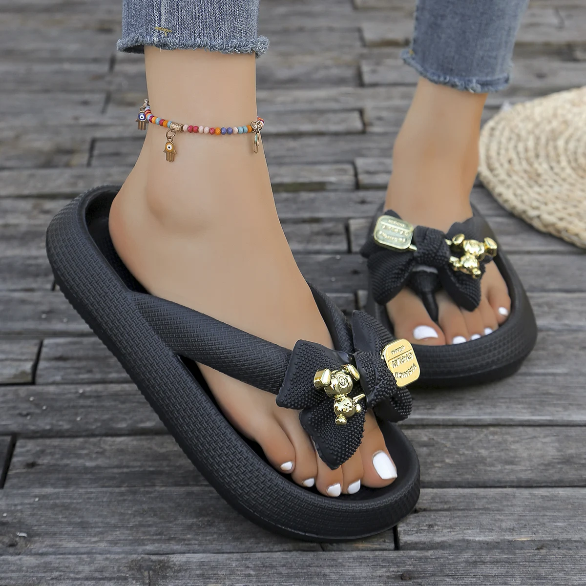 Summer Women Multi-Color Flip Flops Fashion Metallic Teddy Bear Bow ...