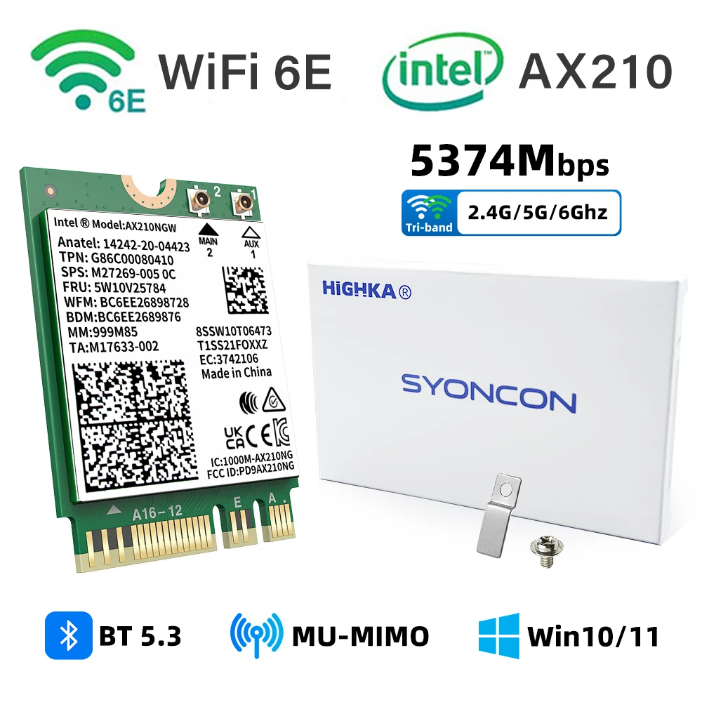 Tarjeta WiFi AX210NGW, módulo inalámbrico Intel AX210 de 6GHz, adaptador de red interno de tres ...