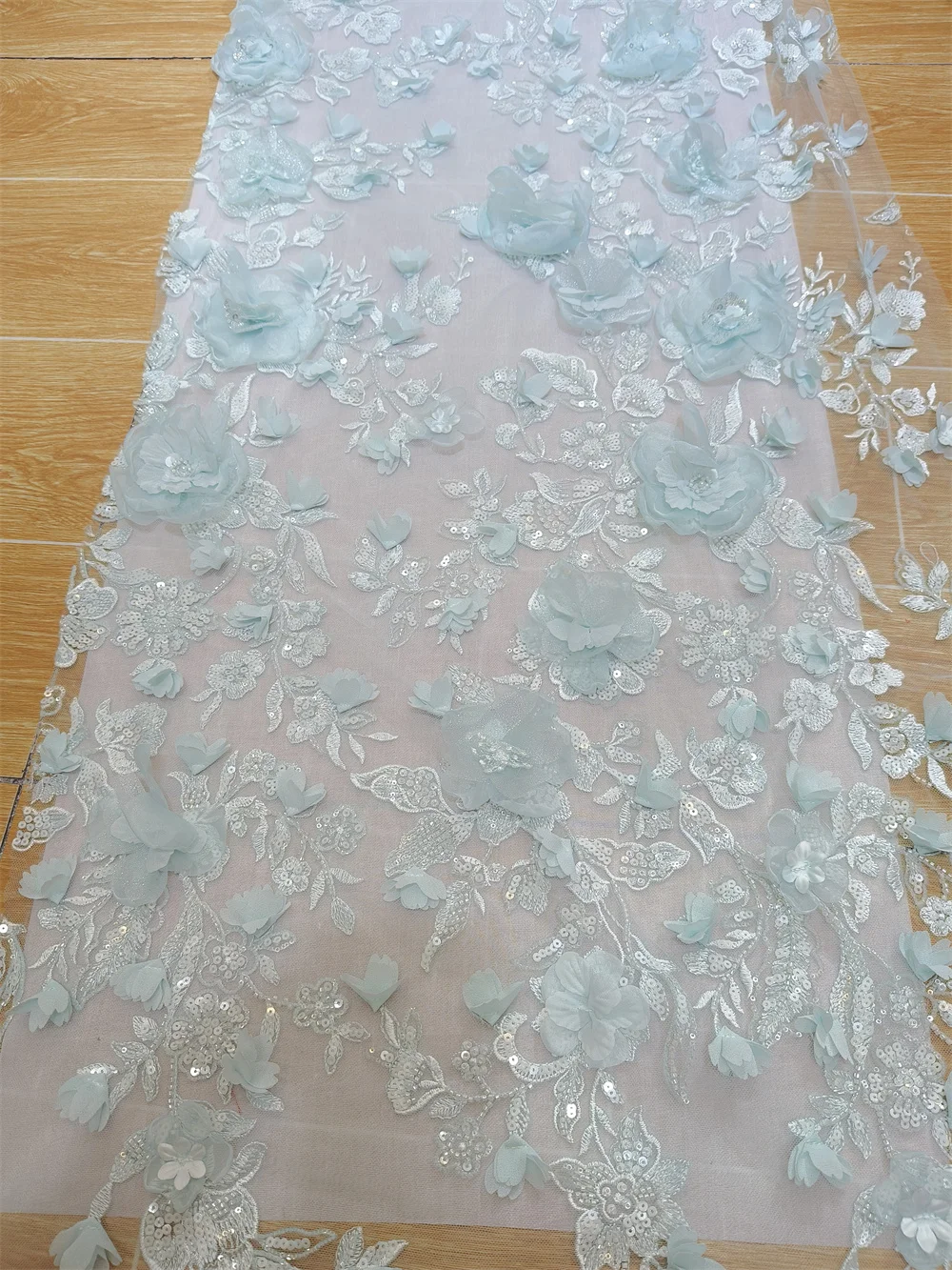 Mint Green Handmade 3D Flower Embroidery Net Lace Beads Sequins Fabric ...