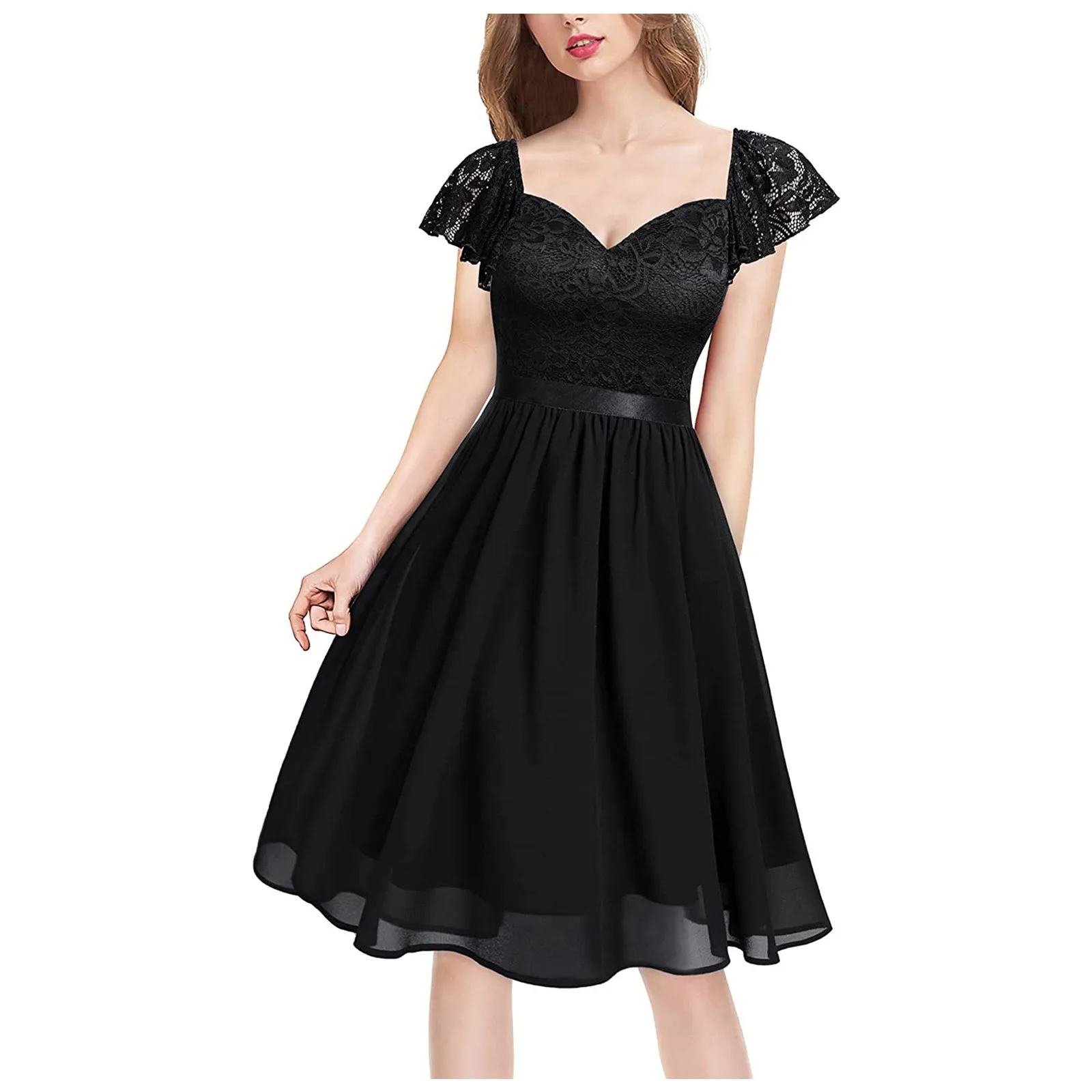 Cocktail-Dress-For-Women-Solid-Color-Transparent-Lace-Embroidery-Short ...