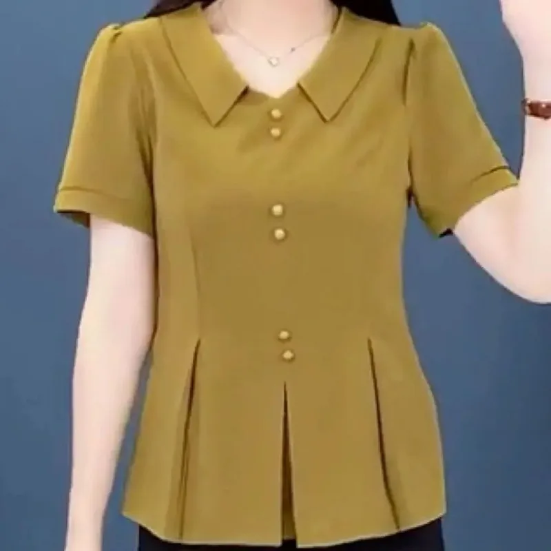 Jersey-con-cuello-vuelto-para-mujer-Tops-de-manga-corta-con-pliegues-s ...