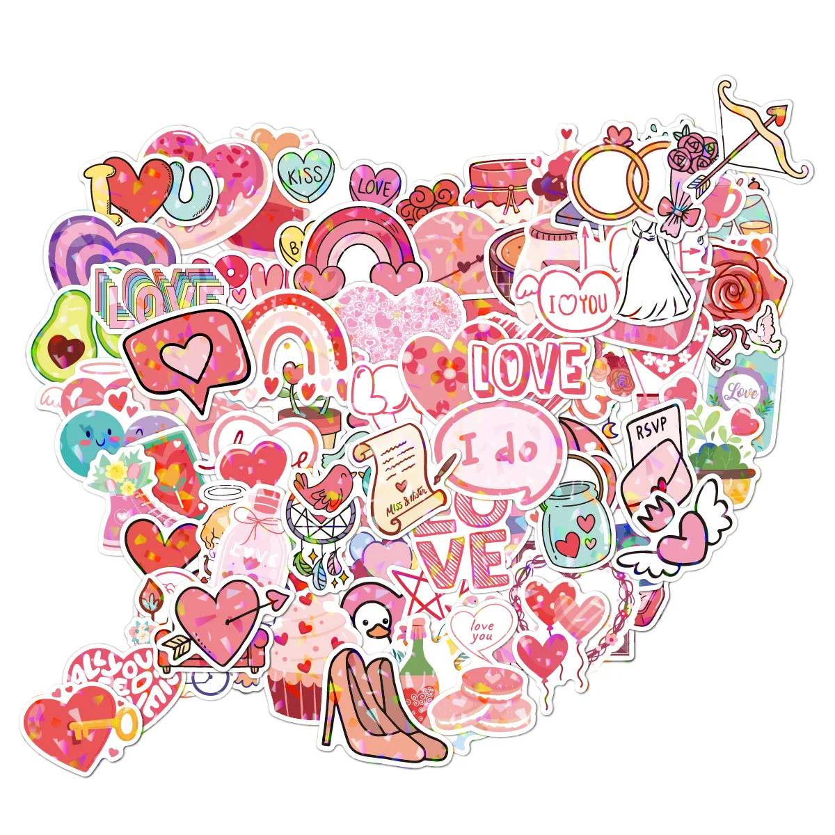 50pcs-Shiny-Love-Stickers-Pink-Valentine-s-Day-Sticker-Laser-Waterproof ...
