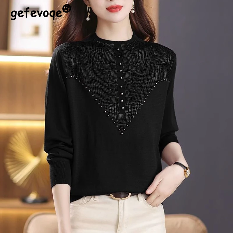 Pul-ver-de-manga-comprida-feminino-camiseta-com-strass-frisado-roupa ...