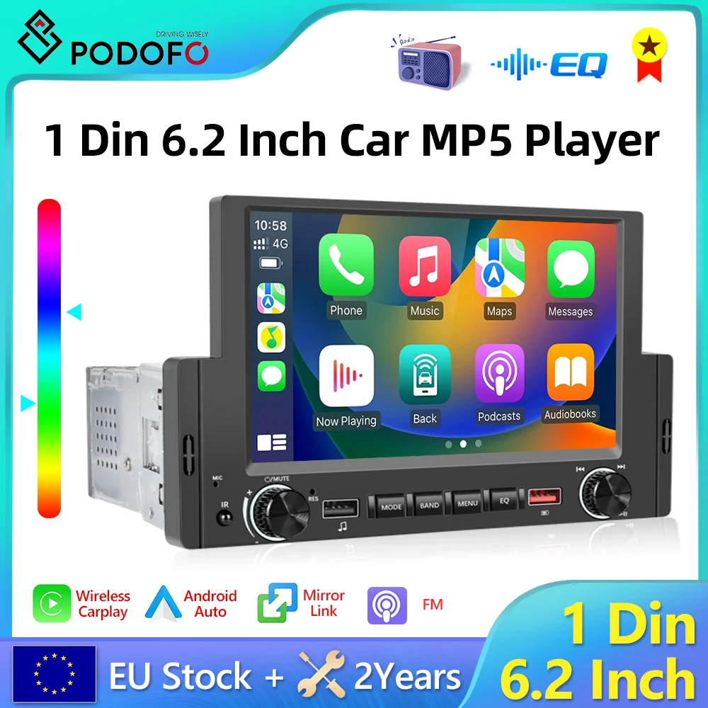 Podofo 6.2 inch Car Radio 1 Din CarPlay Android Auto Multimedia Player ...