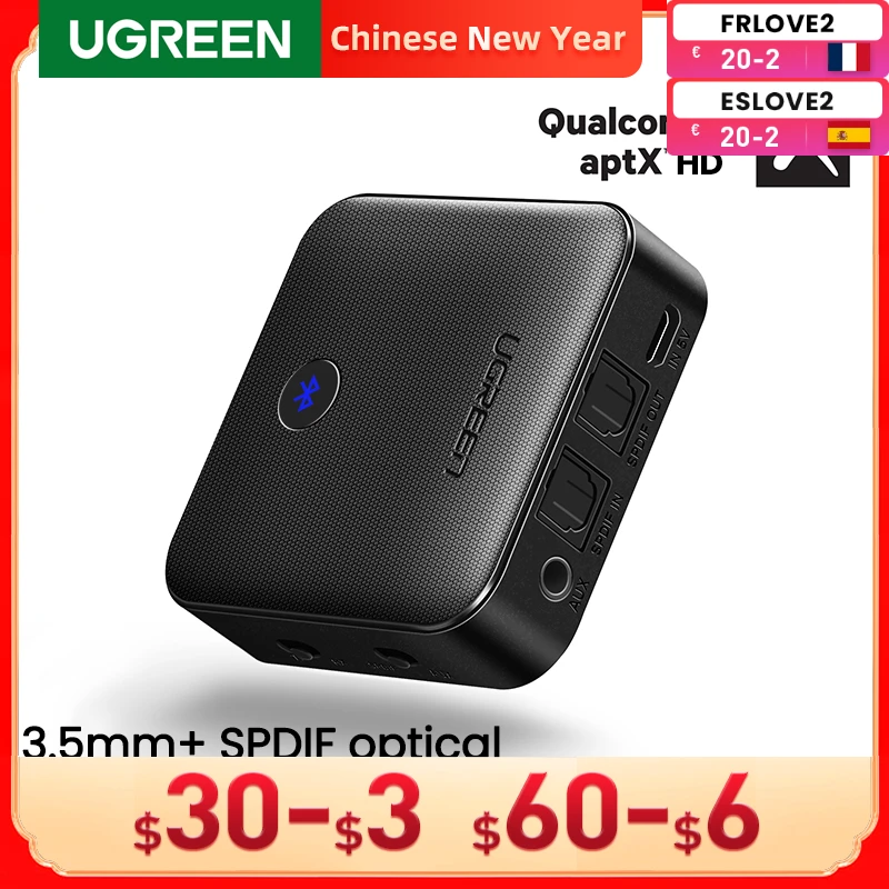 UGREEN Bluetooth 5.0 수신기 송신기 aptX HD CSR8675 TV 헤드폰 용 광학 3.5mm SPDIF Bluetooth AUX 오디오 어댑터|무선 ...