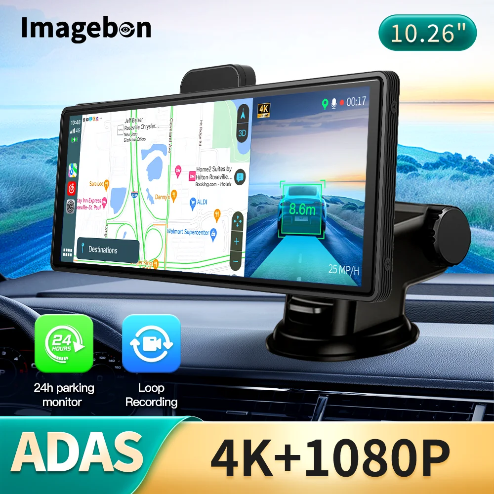 Imagebon 10.26" 4k Car DVR Wireless CarPlay Android Auto Adas Dash Cam ...