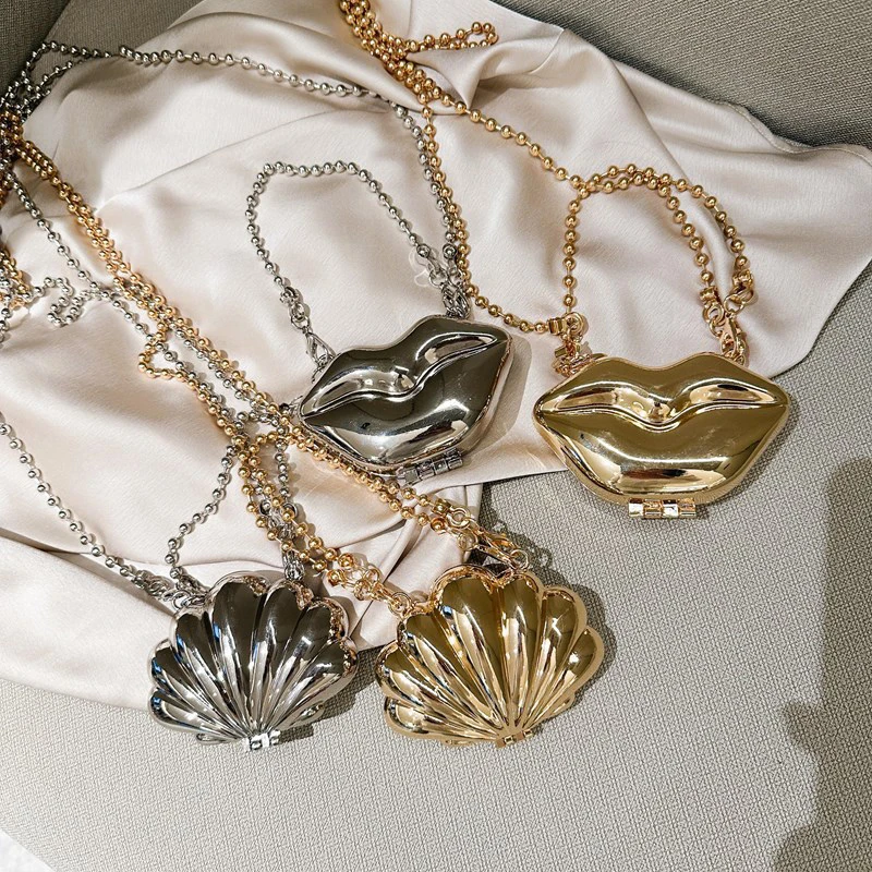 Metal-Lips-Shell-Bag-Mini-Lipstick-Bag-Pearl-Chain-Crossbody-Bag ...