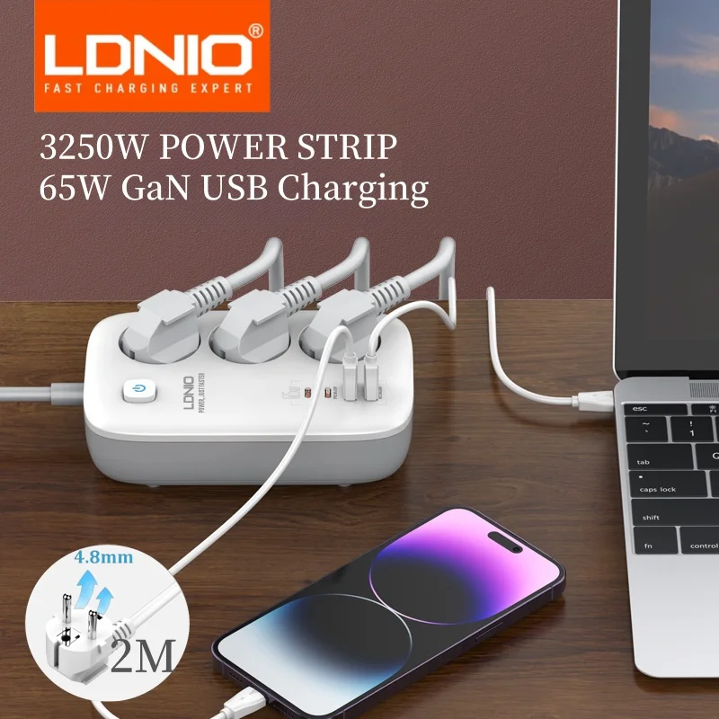 LDNIO 65W Fast Charger USB Power Strip 2M European Plug Electric ...