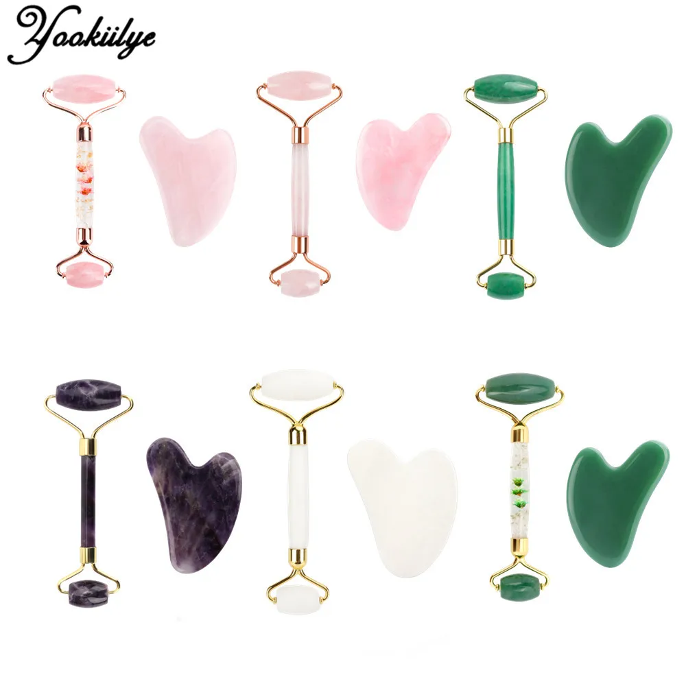 Natural Jade Roller Gua Sha Set Facial Massage Roller Jade Stone Face ...