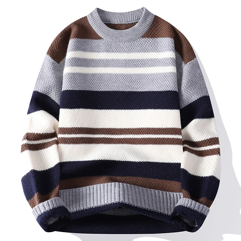 Pullover Knitted Sweater Contrast Striped Loose Sweater Men's Top ...