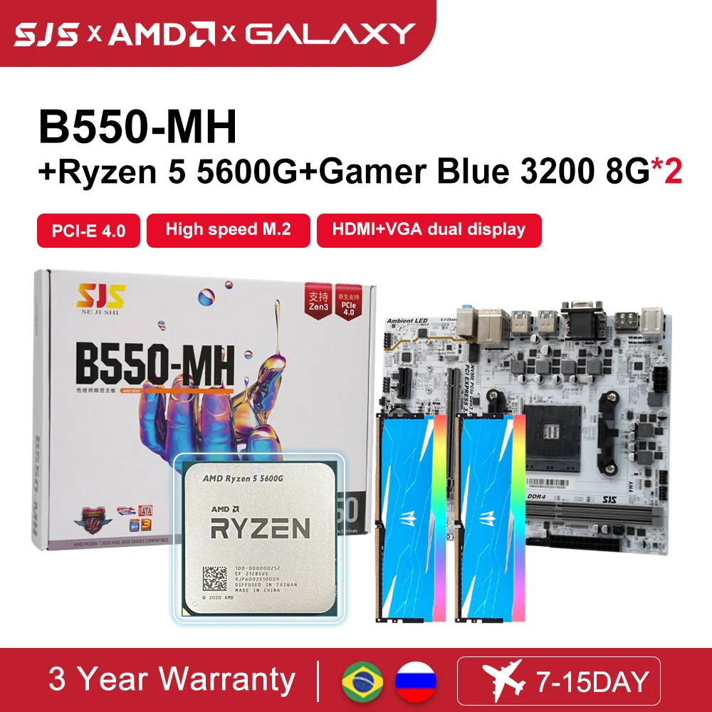 SJS Placas mãe + kit Ryzen 5 5600G AMD Processador Micro ATX B550 DDR4 64G placa mae Kit azul ...
