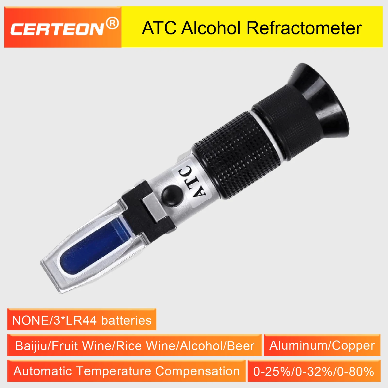 ATC Alcohol Concentration Meter Refractometer 0-80% for Spirits Wine ...