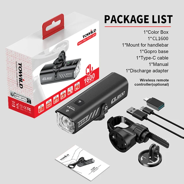 TOWILD CL1600LM Bike Light Front Lamp USB Rechargeable LED 21700 5000mAh Bicycle Light ...