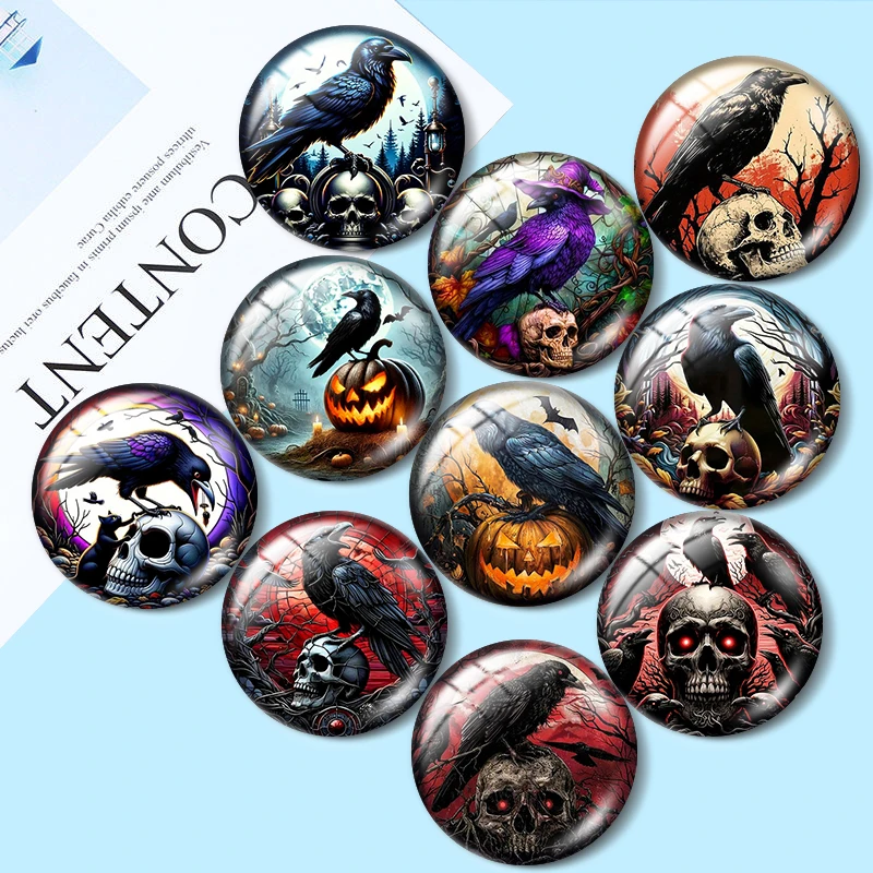 Raven Skull Hallowe 10pcs 12mm/18mm/20mm/25mm Round photo glass ...