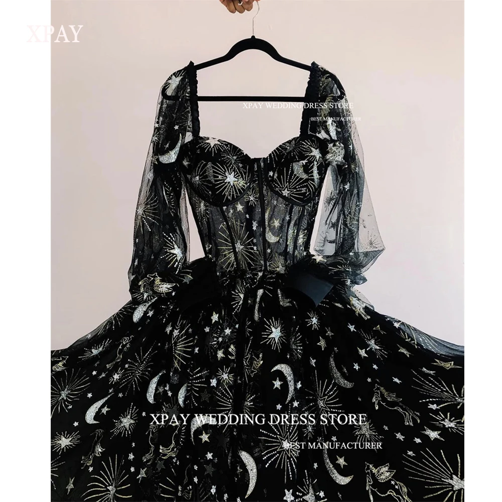 XPAY-Black-Stars-Moons-Pattern-Prom-Dresses-Puff-Long-Sleeves-Tulle ...