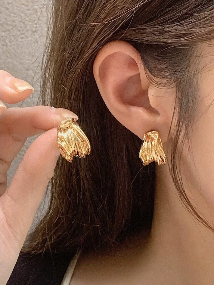 Women-Gold-C-Shape-Textured-Casting-Geometric-Hoop-Earrings-Fashion ...