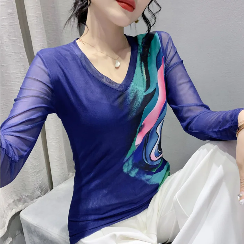 8055-Black-Blue-Printed-Mesh-T-Shirt-Women-V-neck-Tight-T-shirt-Femme ...