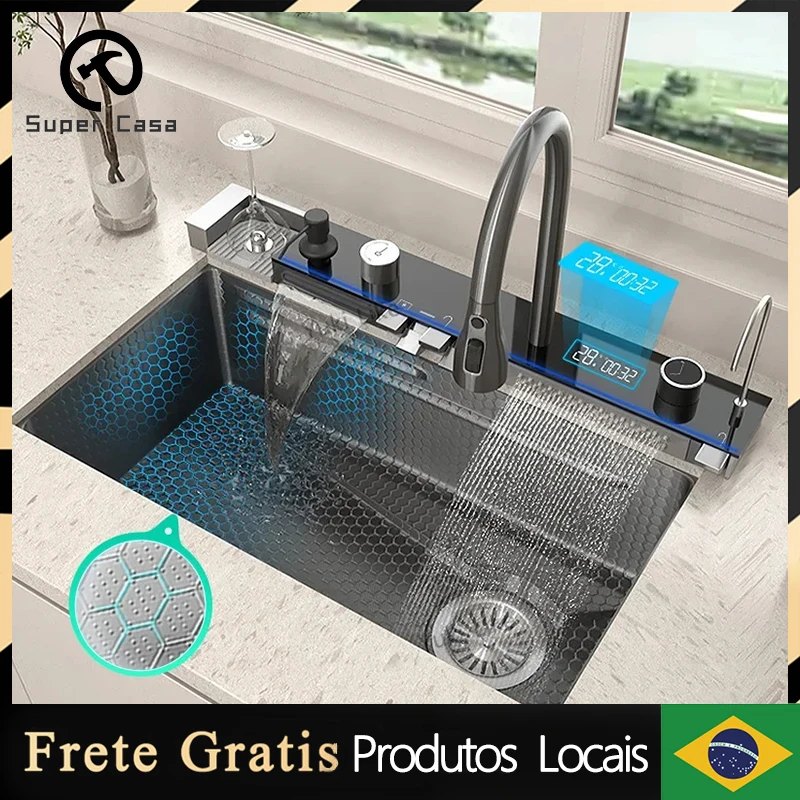 Pia-de-cozinha-multifuncional-com-torneira-preta-flex-vel-perfeita-para ...