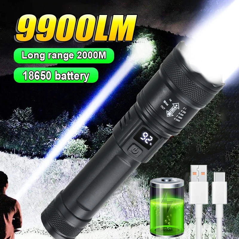 9900LM Powerful LED Flashlight Battery Display USB Rechargeable Light ...