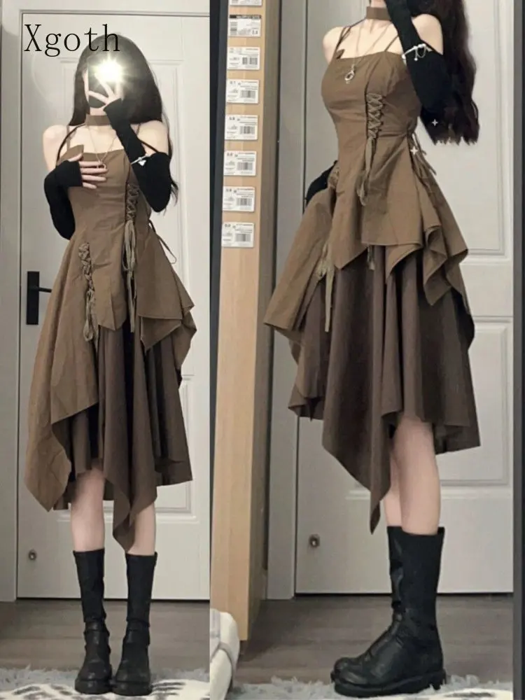 Xgoth-Brown-Suspender-Dress-Women-2022-Summer-New-French-Sexy-Wear-Irregular-Splicing-Lacing ...