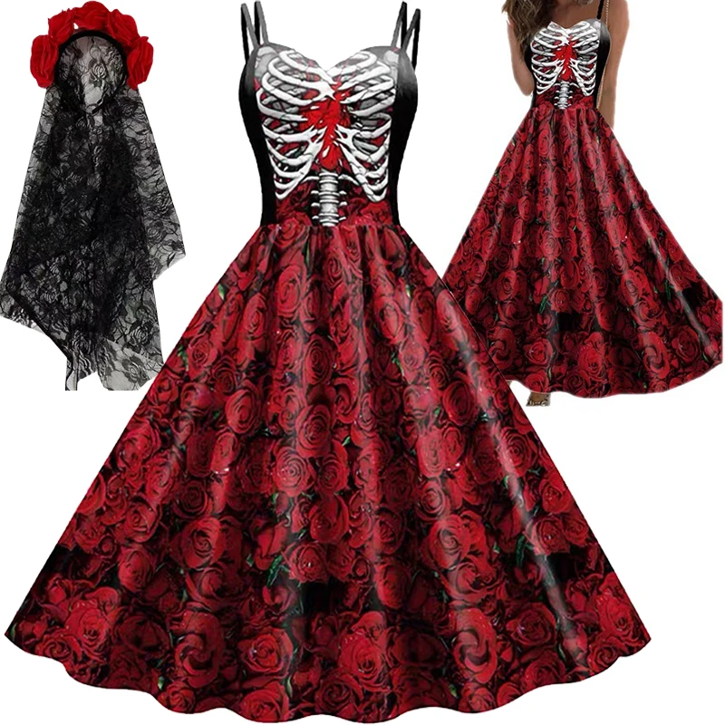 Disfraces nuevos de Halloween para mujer, Vestido Halter con estampado ...