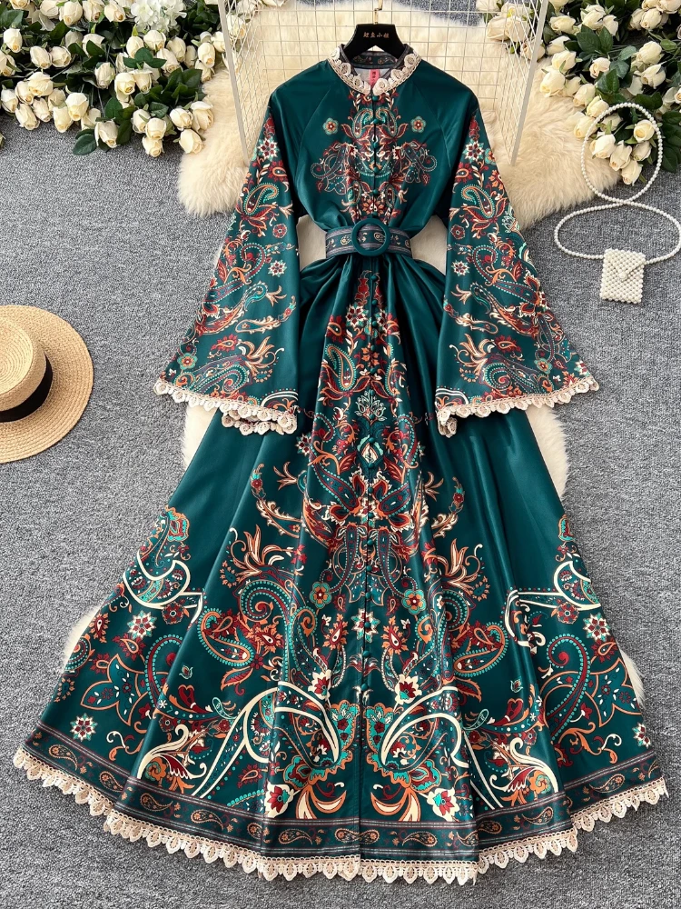 France Elegant Vintage Palace Evening Dress Women Print Sashes Button ...
