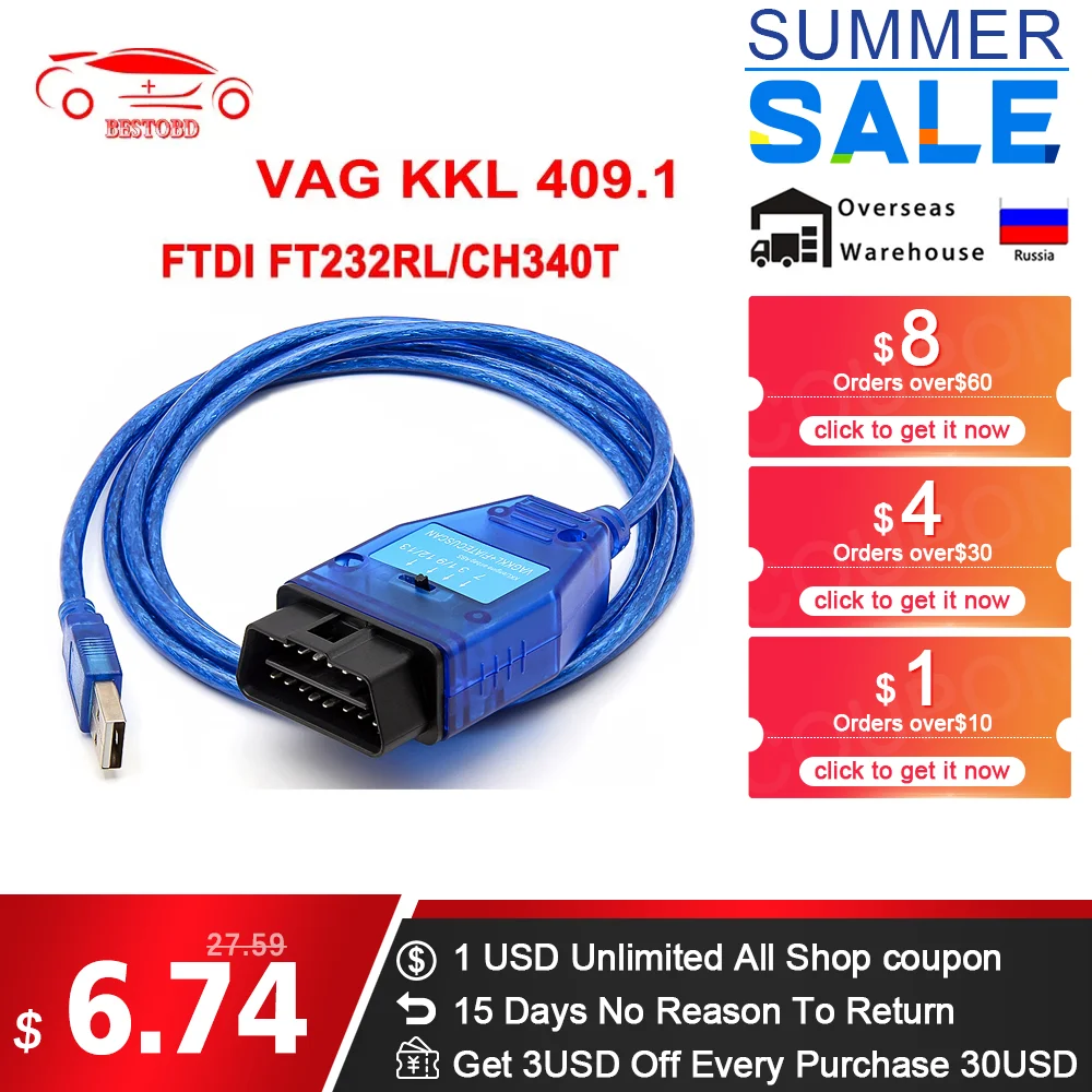 Vag Com 409.1 Kkl With Ftdi Ft232rl/ch340t Obd Obd2 Car Diagnostic ...