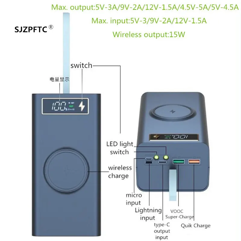 Diy Power Bank Shell 5v 9v 12v 5a Usb Qc4.0 Pd 22.55w Super Charge Vooc ...
