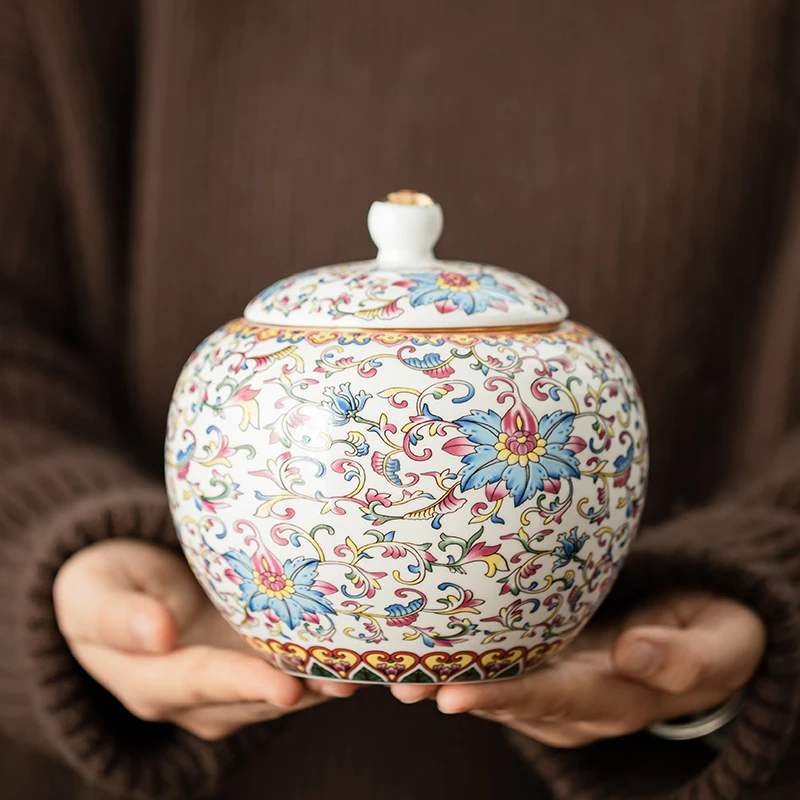 Modern Painted Flower Entwined Lotu Ceramic Tea Jar Vintage Seal ...