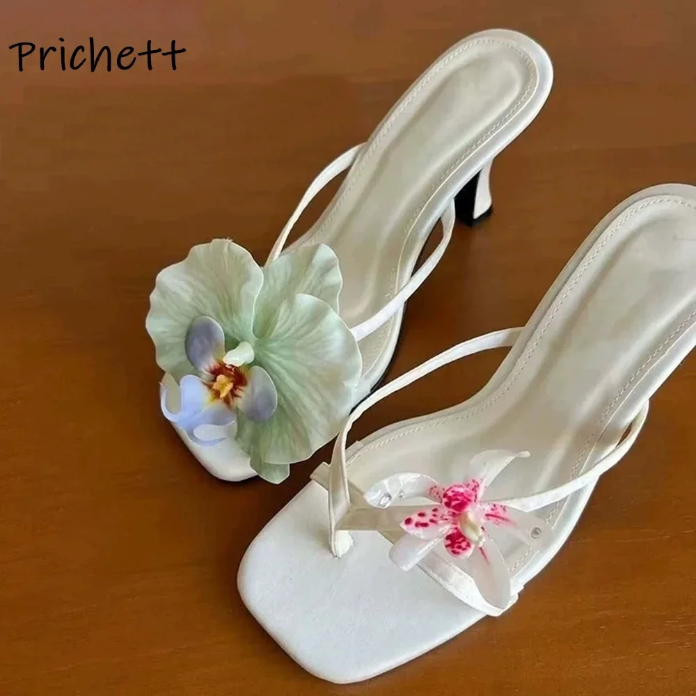 White Moth Orchid Slippers Satin Asymmetric Square Toe Slip On Thin ...