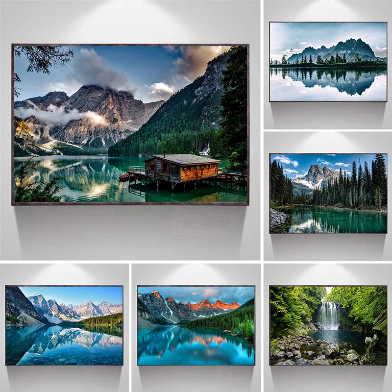 Natural-Landscape-Poster-Waterfall-Lake-Forest-Landscape-Picture-Canvas ...