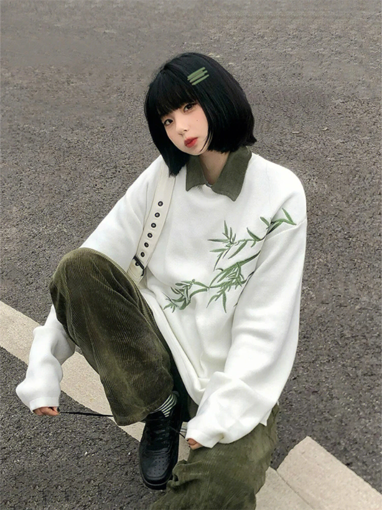 Chinese Style Sweaters Embroidery Long Sleeve Casual Loose Jumpers ...